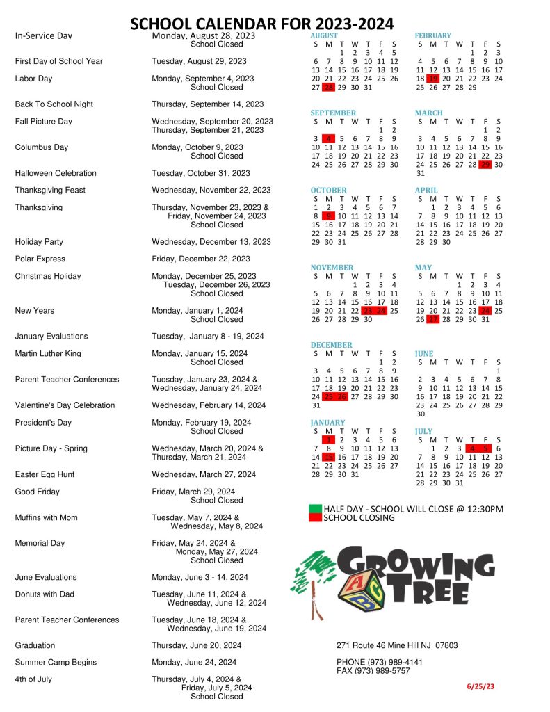 School Calendar - ABC Growing Tree